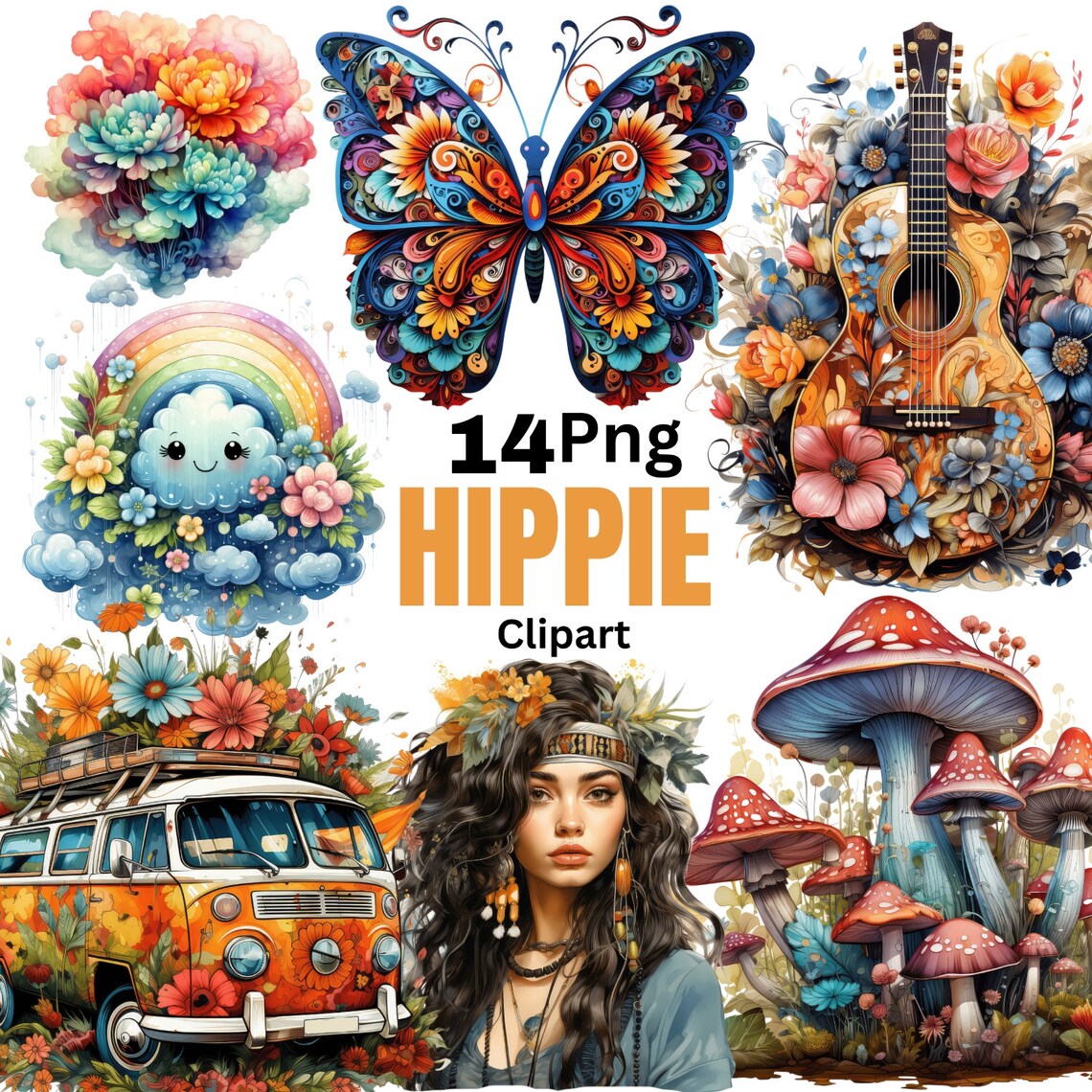 Hippie Clipart Retro Clipart 60's 70's Groovy Boho Clipart Flower Power ...