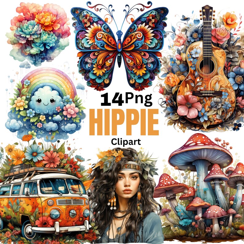 Hippie Clipart Retro Clipart 60's 70's Groovy Boho Clipart Flower Power ...