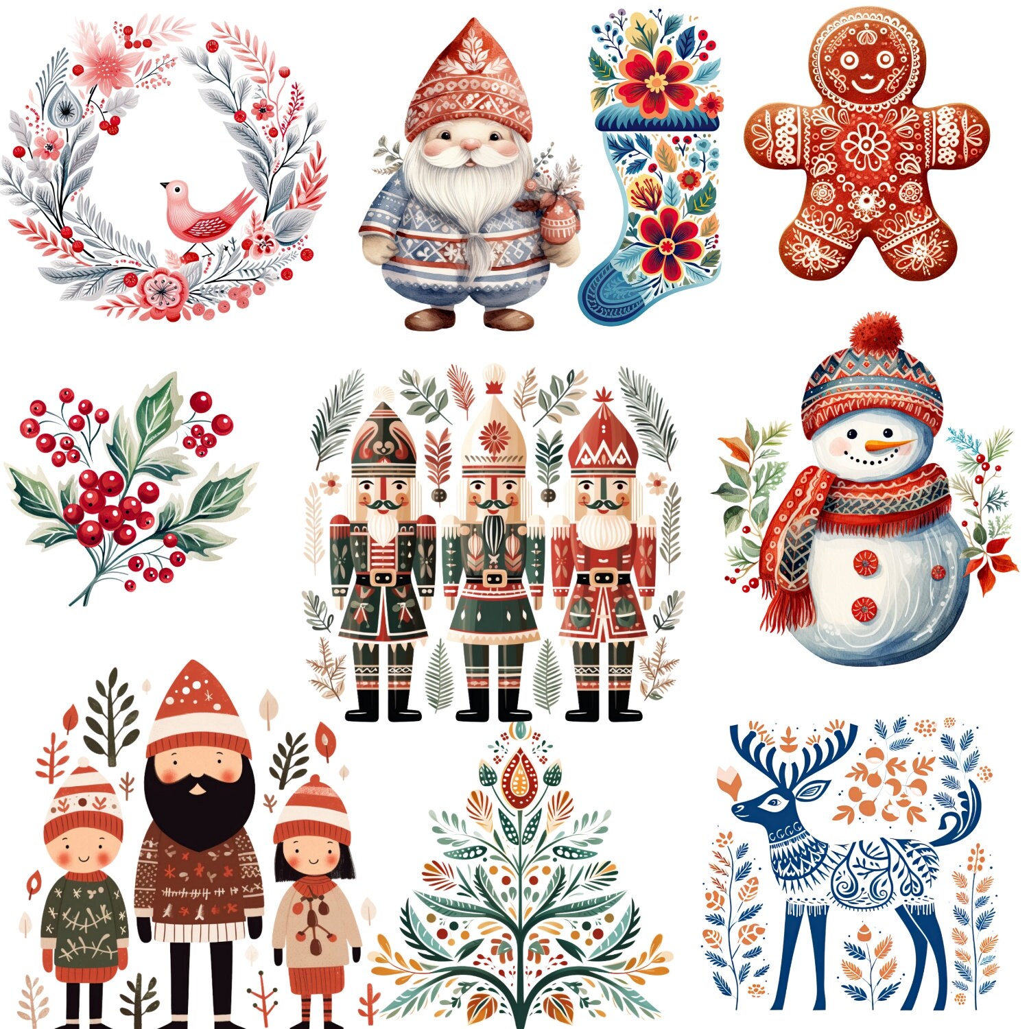 50PNG Watercolor Scandinavian Christmas Clipart, Christmas Flok Art ...