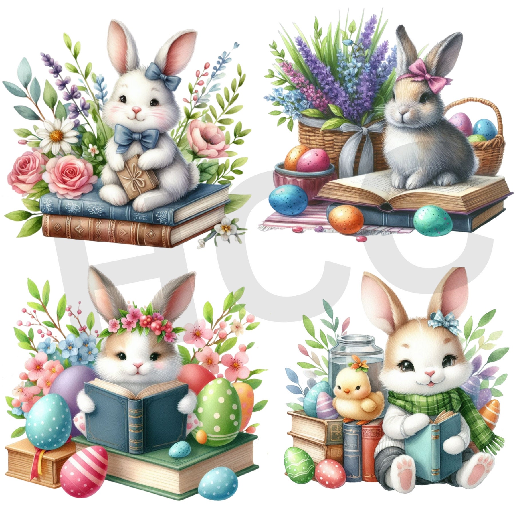 Watercolor Floral Bunnies Collection Clipart,15png Nursery Spring ...