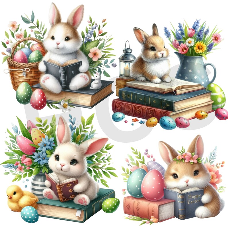 Watercolor Floral Bunnies Collection Clipart,15png Nursery Spring ...