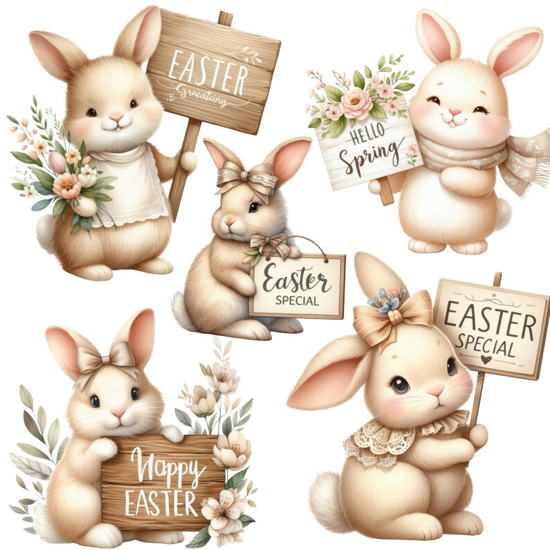 Watercolor Easter Bunnies Clipart, Spring Bundle,cute Baby Animals,png ...