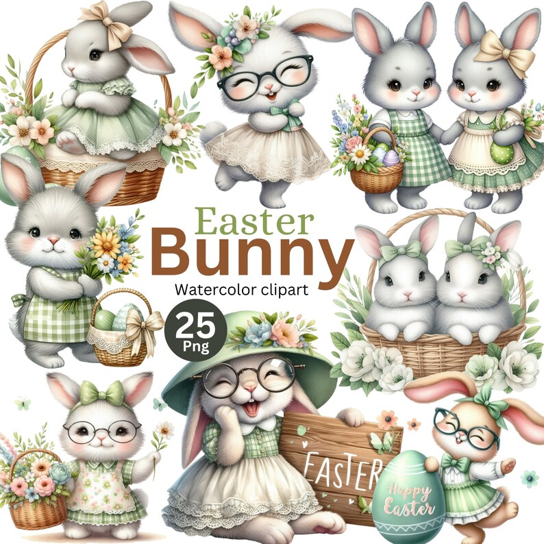 Watercolor Easter Bunnies Clipart, Spring Bundle,cute Baby Animals,png ...