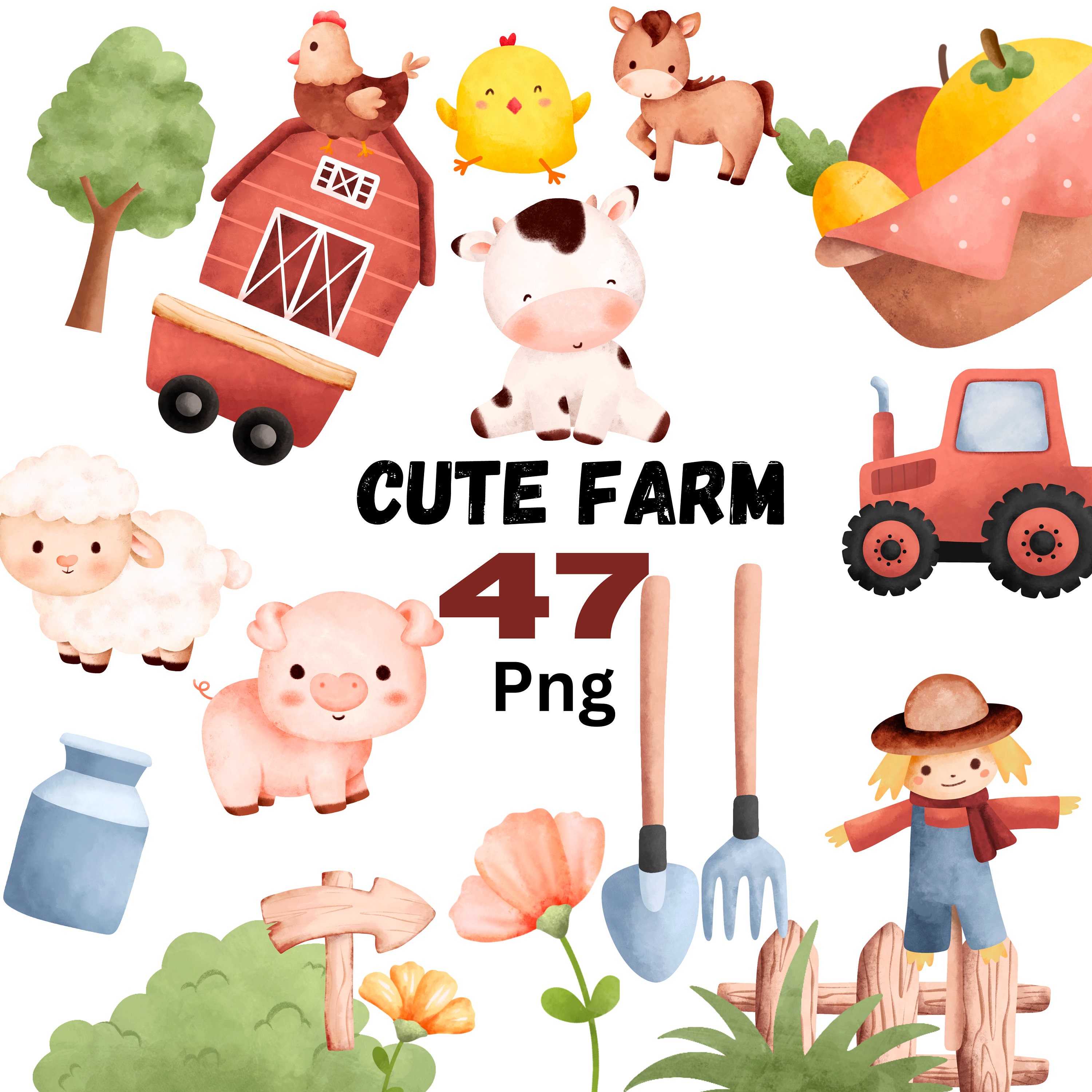 Cute Farm Clipart Farm Animals Watercolor Digital Clipart - Etsy