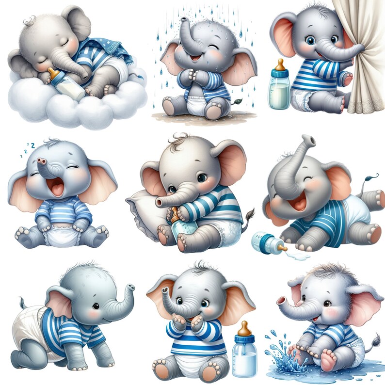 Cute Elephant Clipart, Watercolor Baby Boy Elephant Illustration,cute ...