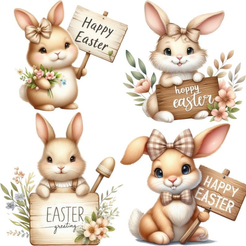 Watercolor Easter Bunnies Clipart, Spring Bundle,cute Baby Animals,png ...
