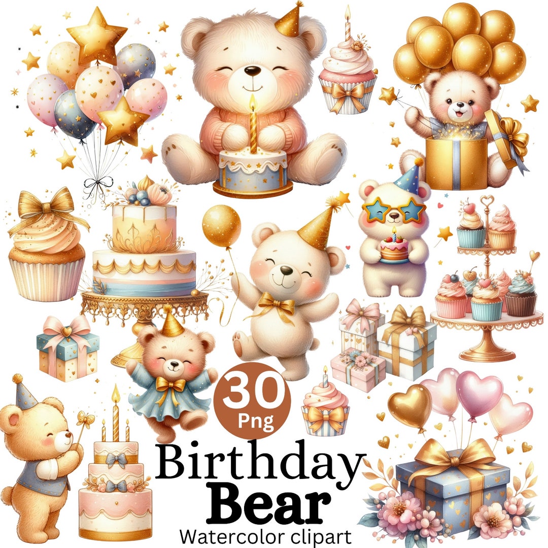 Watercolor Teddy Bear Clipart, Watercolor Babyshower Clipart, Birthday ...
