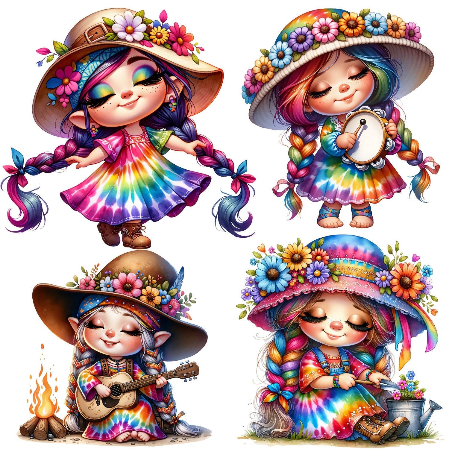 Hippie Gnome Girl Clipart, Watercolor PNG, Digital Download,boho Chic ...