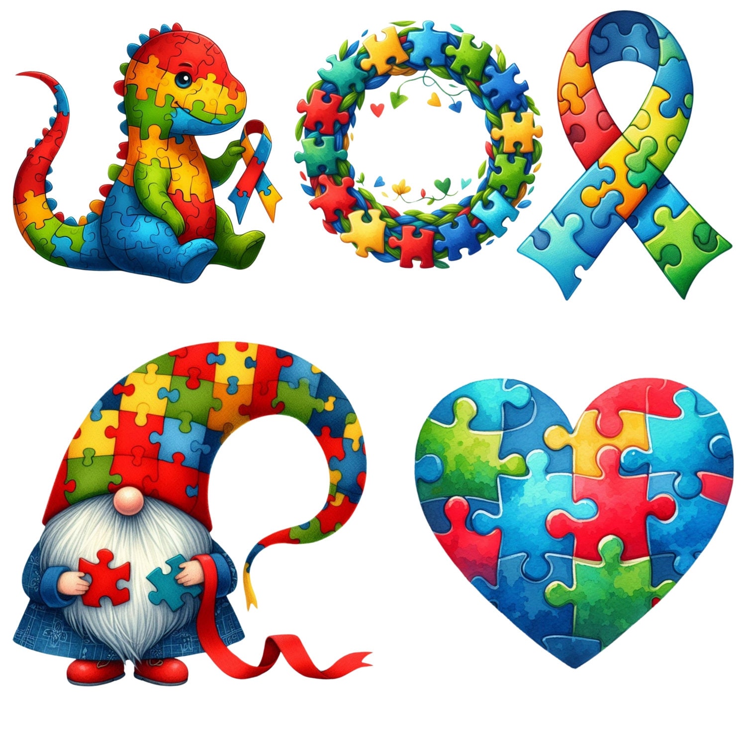 Watercolor Cute Autism Awareness Clipart, Autism Puzzle Sunflower Gnome ...