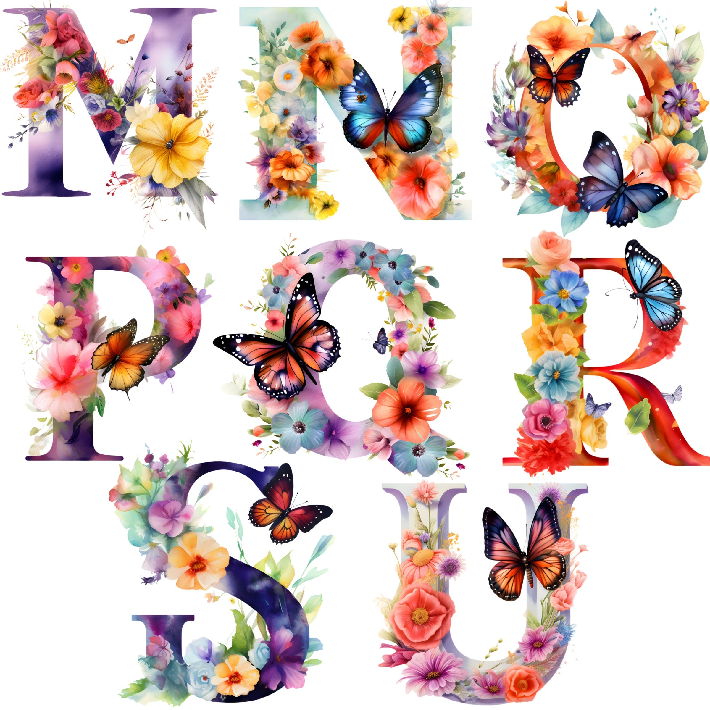 Alphabet Watercolor Png 26 Floral Letters Clipart Digital - Etsy
