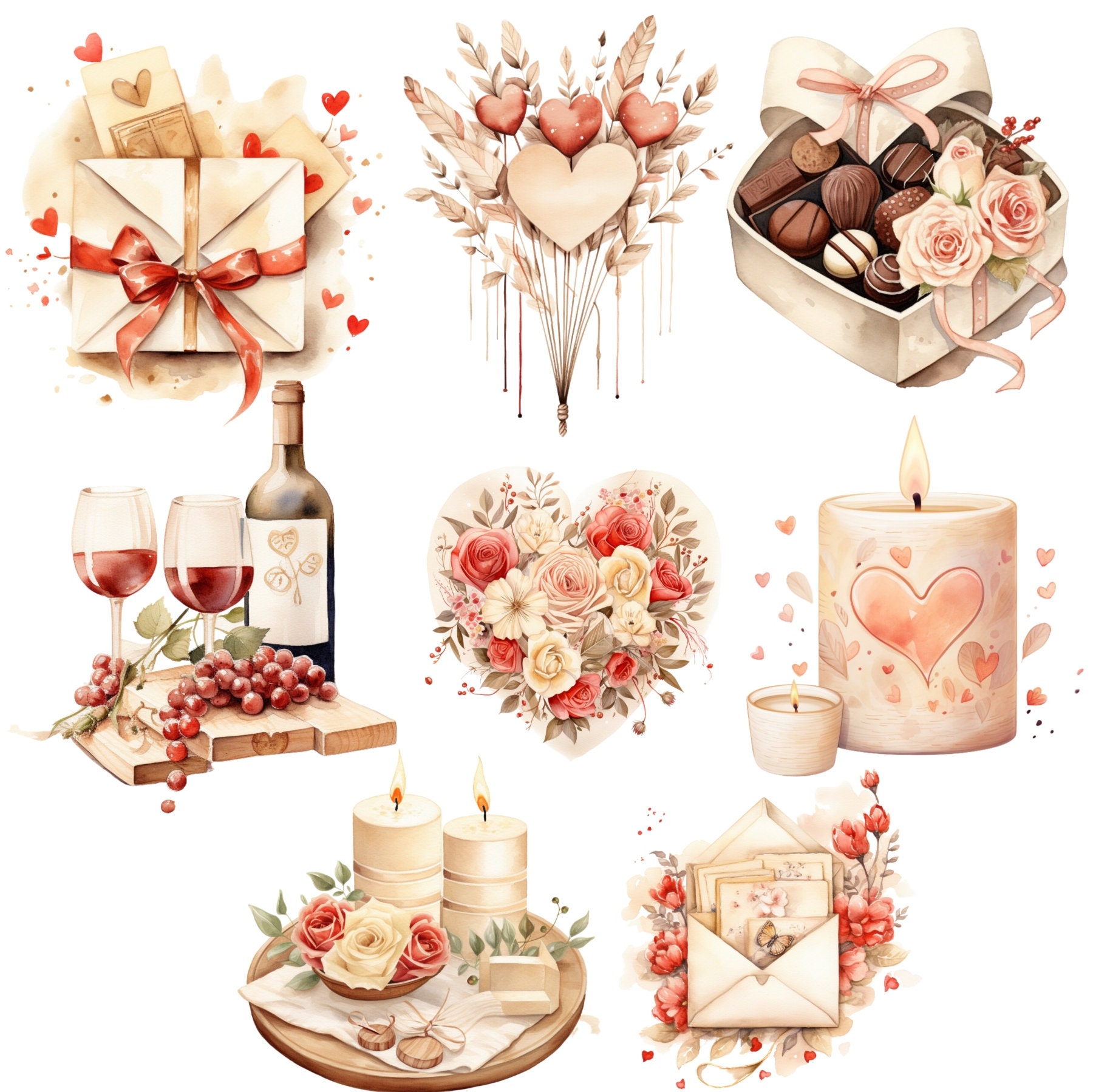 Watercolor Valentine's Day Clipart, Watercolor Romantic Clipart,red ...