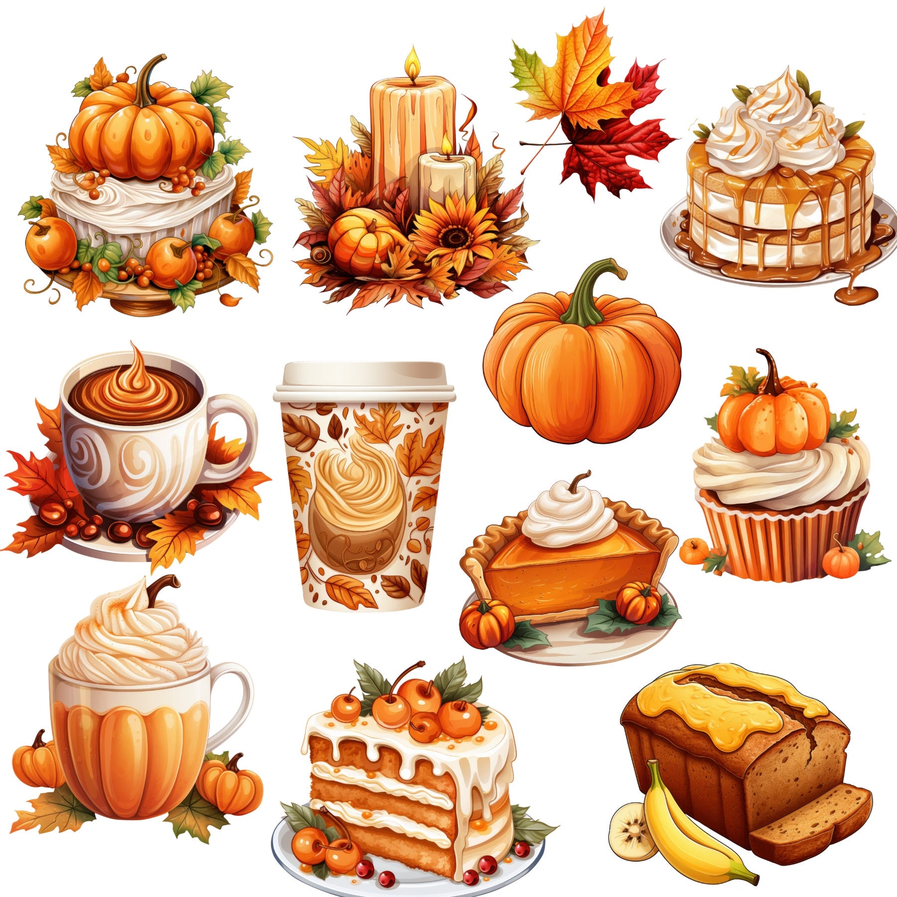 Watercolor Pumpkin Spice Clipart, Autumn and Fall Holiday Treats ...
