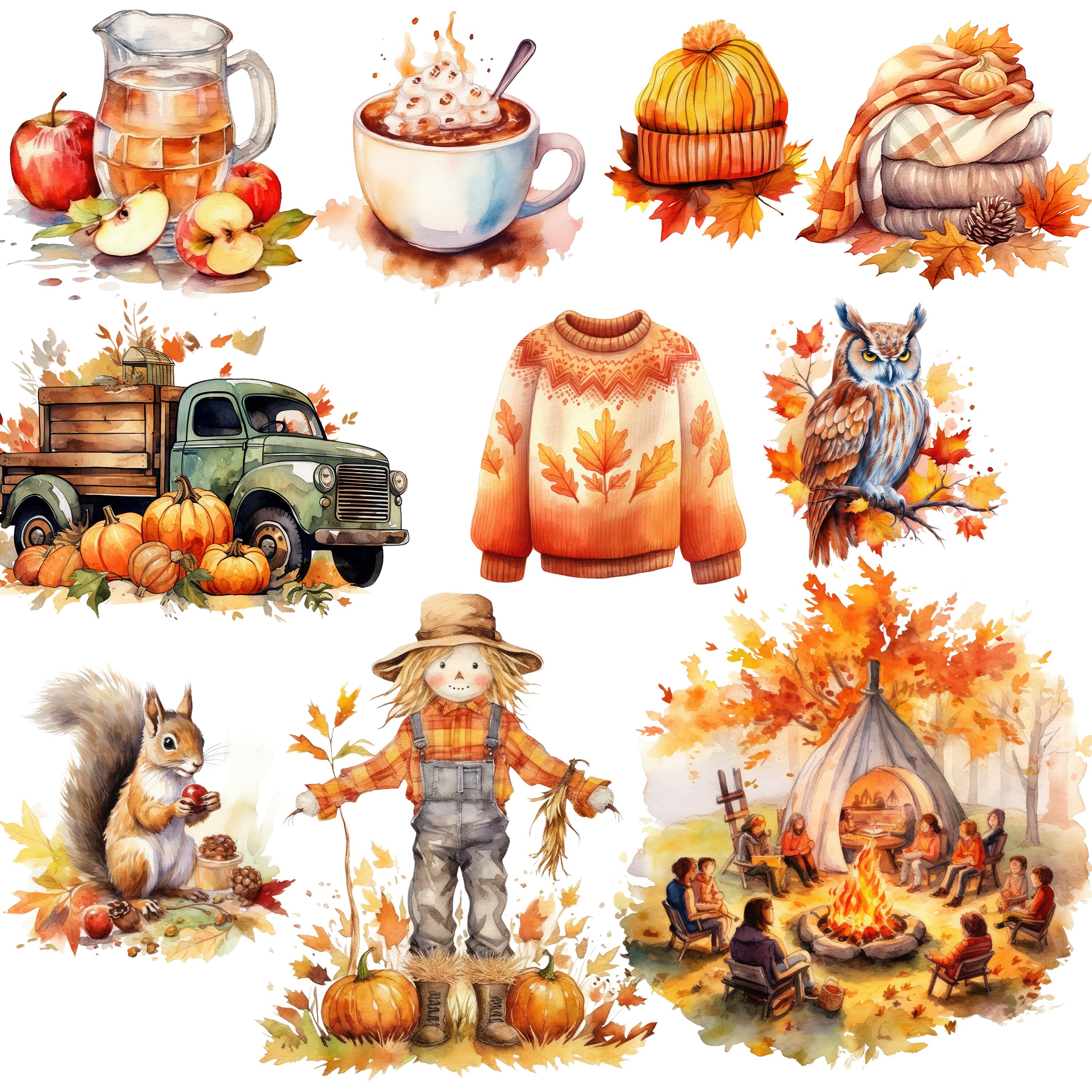 Cozy Fall Clipart Set, Watercolor Autumn Clipart Png, Autumn Vibes ...