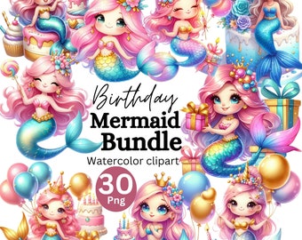 Mermaid Clipart Bundle, Watercolor Cute Mermaid Clipart Png, Cute Sea ...