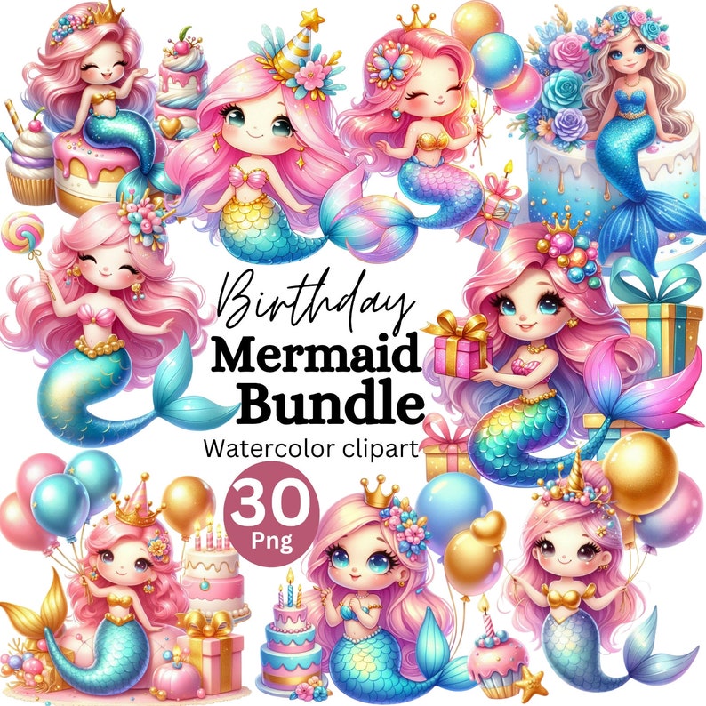Mermaid Clipart Bundle, Watercolor Cute Mermaid Clipart Png,cute Sea Animals PNG, Jellyfish ...