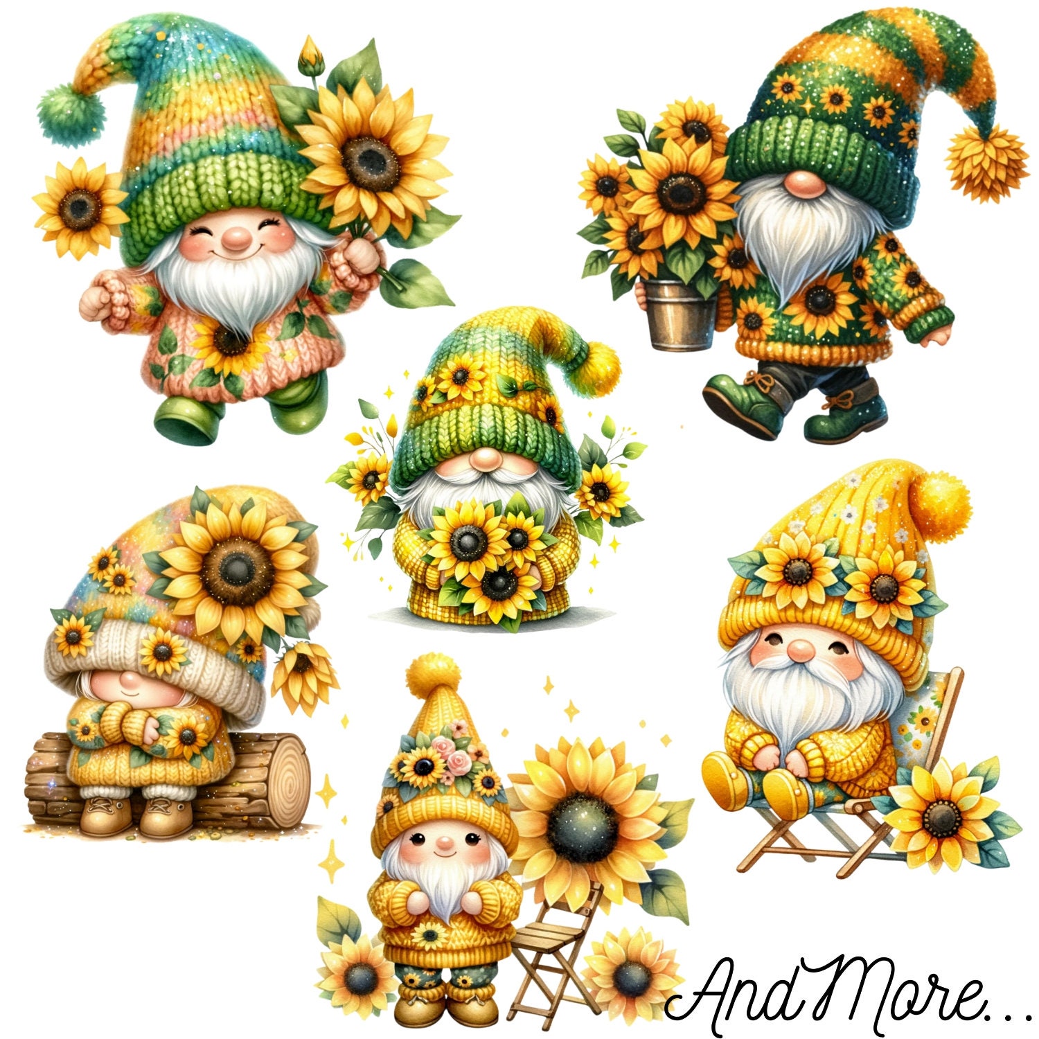 Watercolor Sunflower Gnome Clipart,20png Garden Gnome Clipart ...