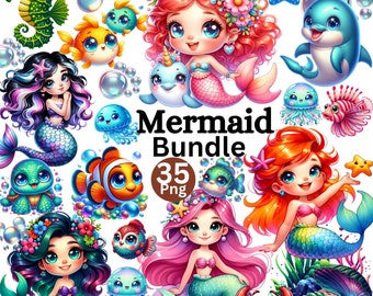 Mermaid Clipart Bundle, Watercolor Cute Mermaid Clipart Png, Cute Sea ...