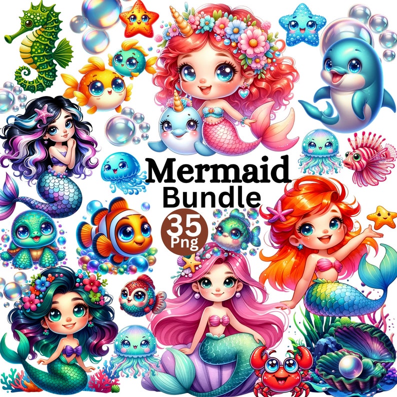 Mermaid Clipart Bundle, Watercolor Cute Mermaid Clipart Png,cute Sea Animals PNG, Jellyfish ...