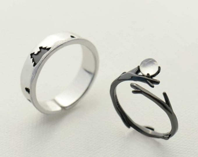 Moonlight Forest Couple Matching Rings With Moonstone Black Adjustable ...