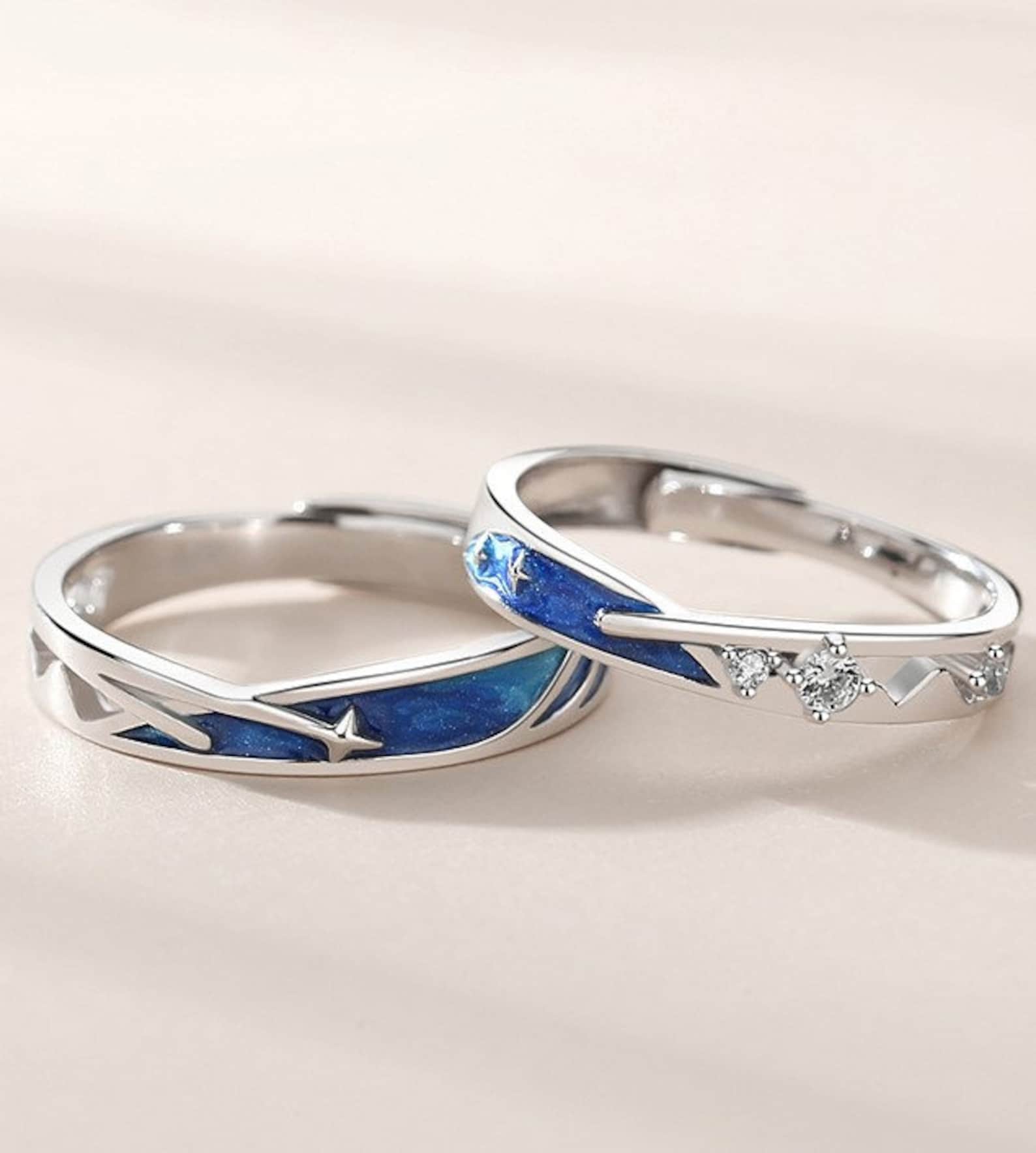 Meteor Galaxy Star Couple Matching Rings Set Silver Couple Rings Zodiac ...
