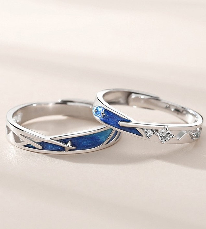 Meteor Galaxy Star Couple Matching Rings Set Silver Couple - Etsy