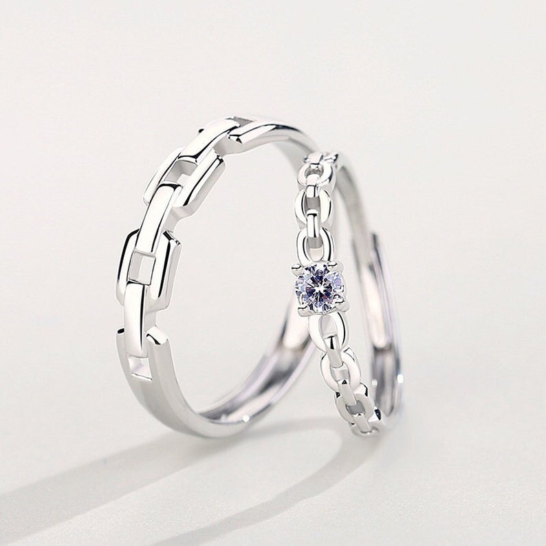 Link Chain Couple Matching Rings Sets Minimalist Silver Adjustable Size ...