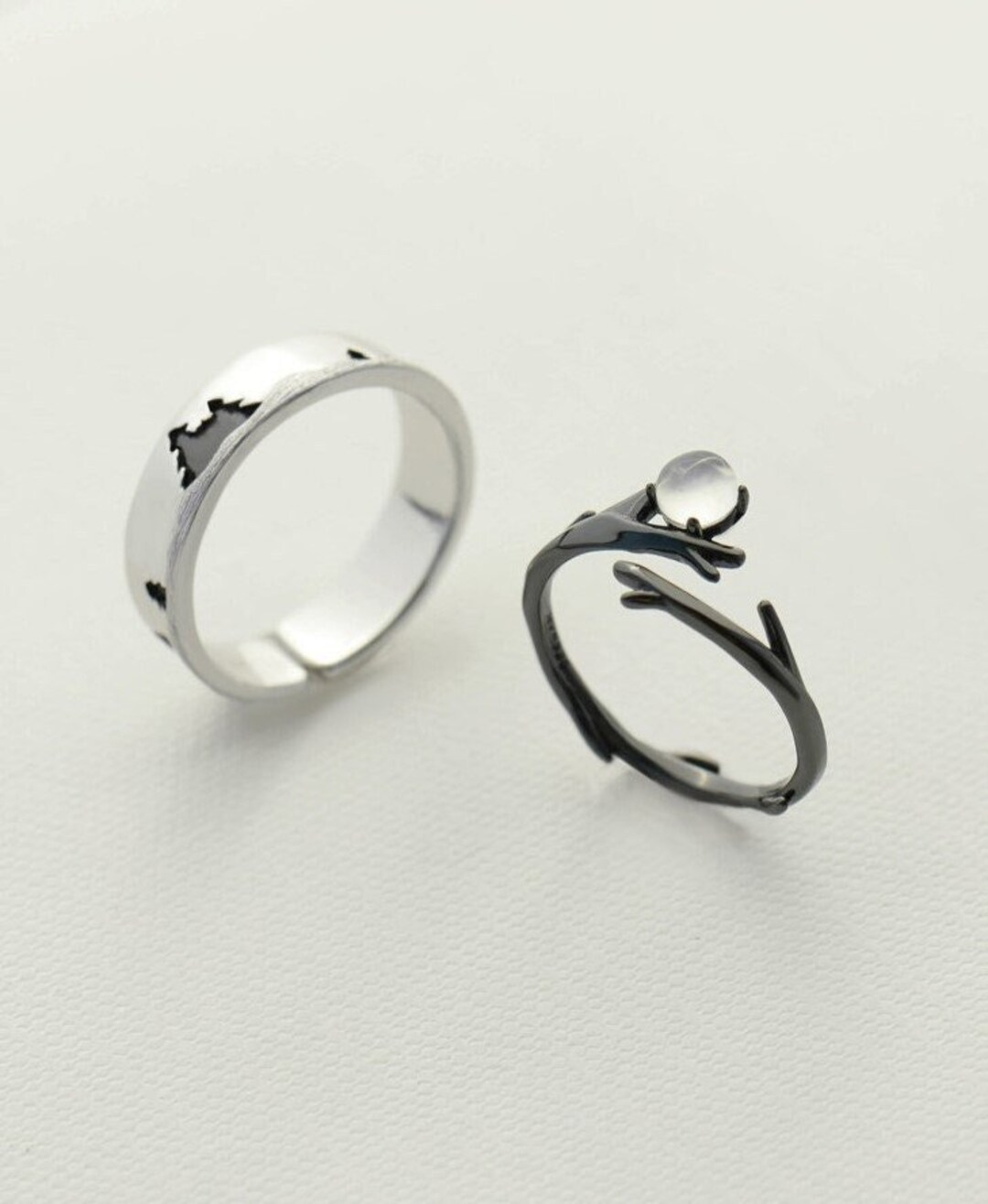 Moonlight Forest Couple Matching Rings With Moonstone Black Adjustable ...