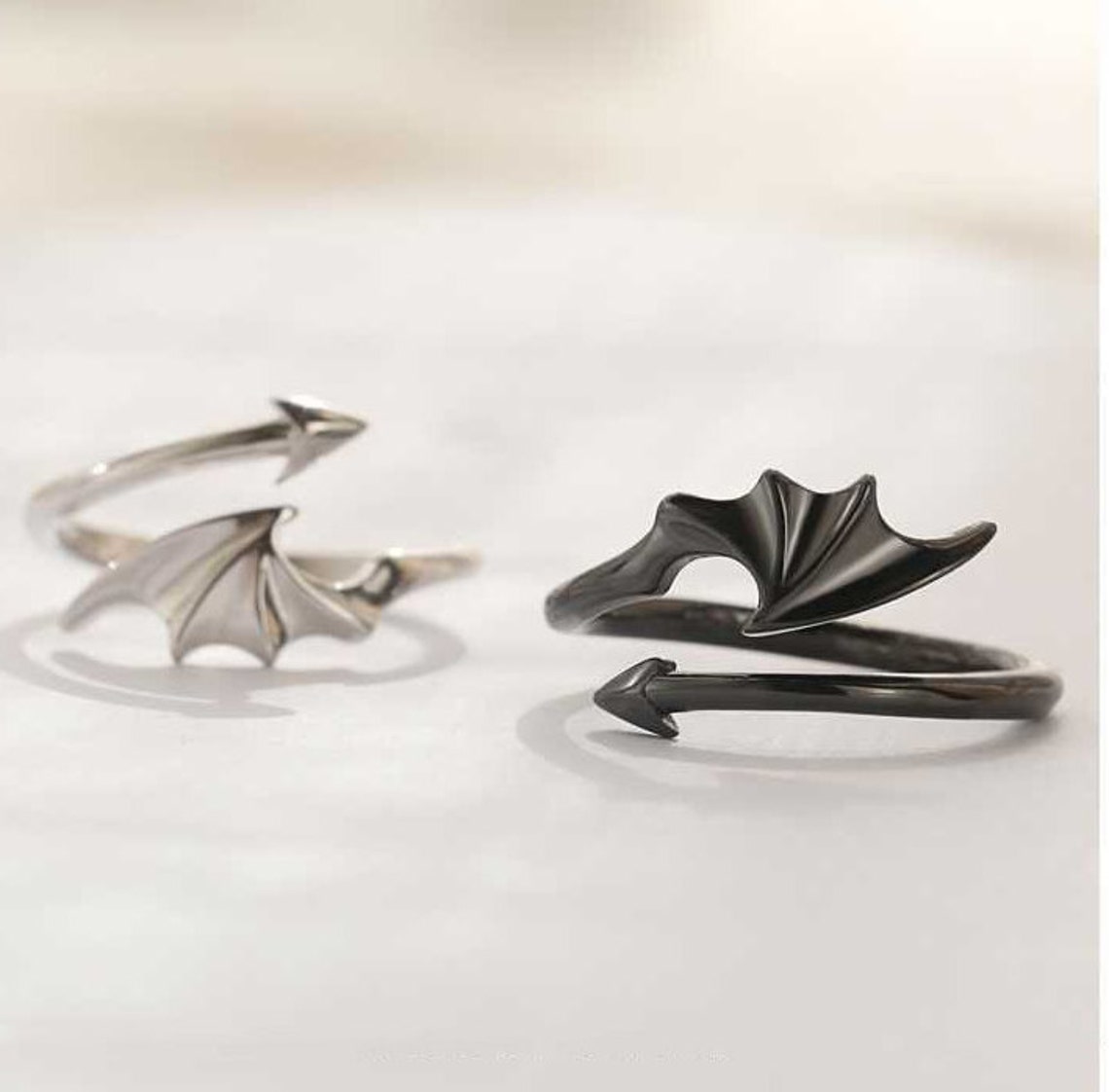 Black and Silver Dragon Evil Wing Open Band Ring Punk Style | Etsy