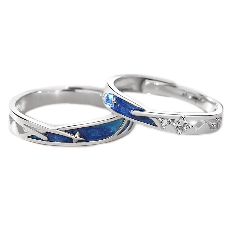 Meteor Galaxy Star Couple Matching Rings Set Silver Couple - Etsy