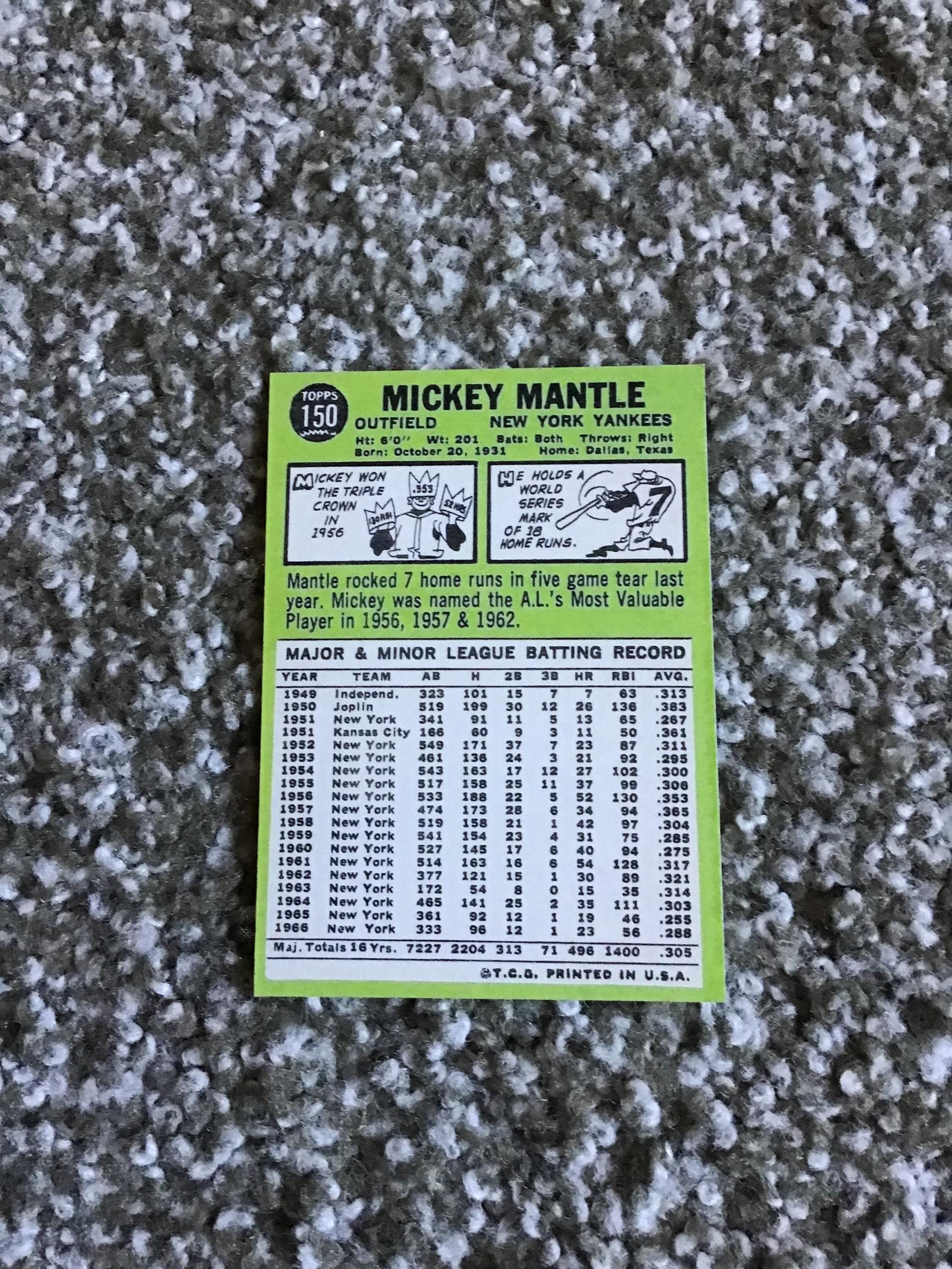 New York Yankees Mickey Mantle 1967 Topps Baseball Reprint Card 150 ...