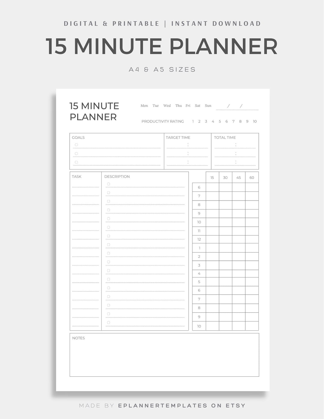 15 Minute Planner, Pomodoro Tracker, Time Management, Productivity ...