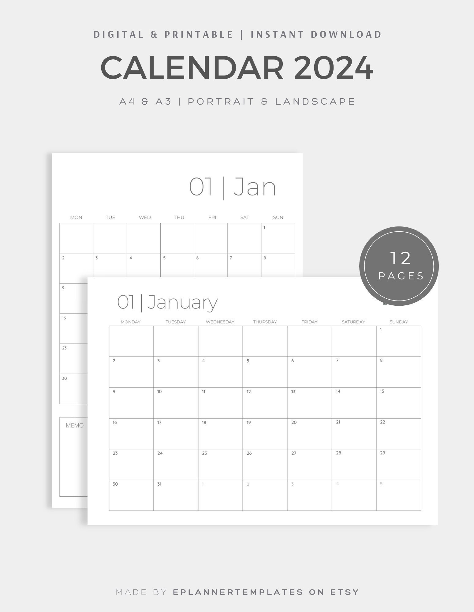 Digital/printable Calendar 2024, Monthly Planner, A4/A3/A5, Landscape ...