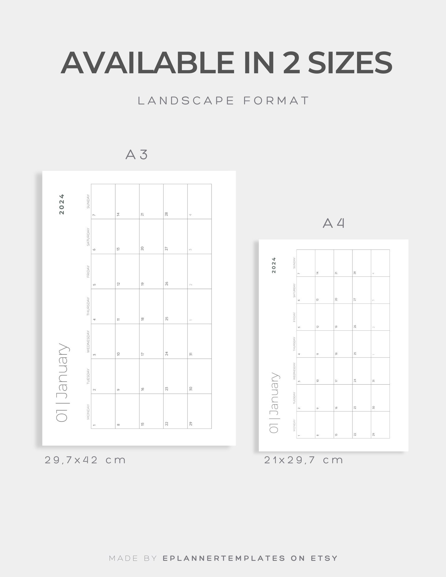 Digital/printable Calendar 2024, Monthly Planner, A4/A3/A5, Landscape ...