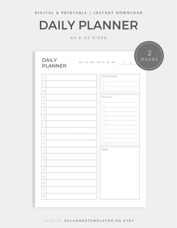 Minimalist Daily Planner Digital/printable Productivity - Etsy