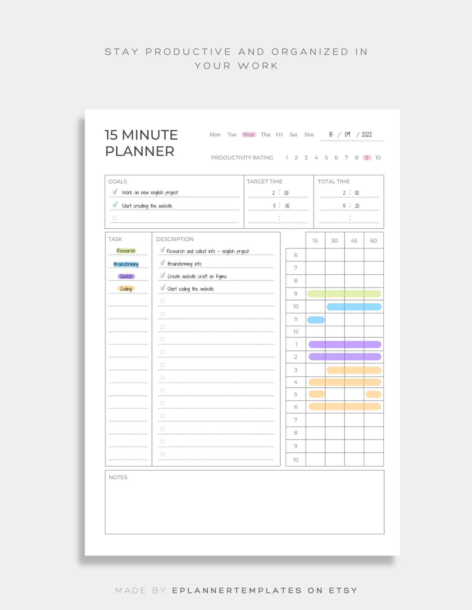 15 Minute Planner, Pomodoro Tracker, Time Management, Productivity ...