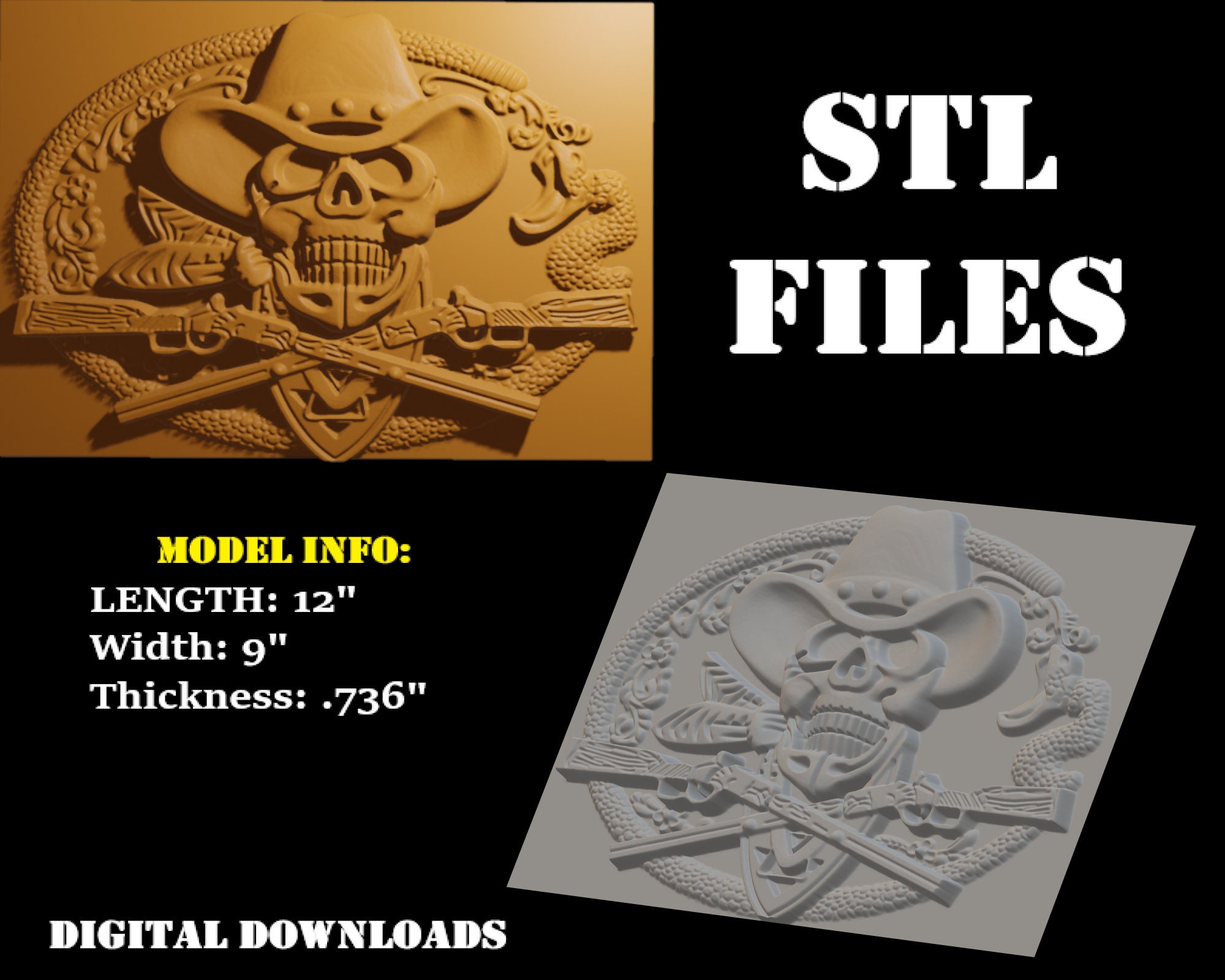 3D STL File for CNC Router, Cowboy Skull STL File for Cnc Routing ...