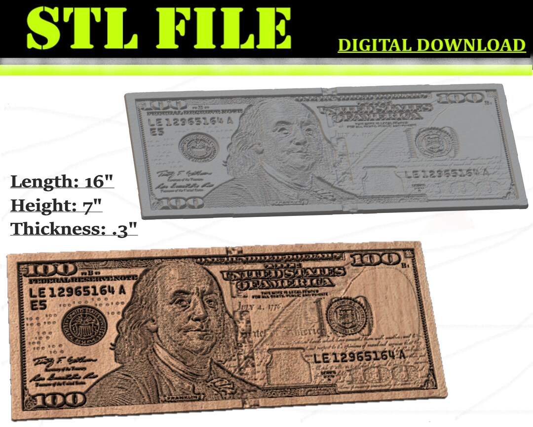 100 Dollar Bill 3D Render STL File for CNC Router, STL Engraving File ...