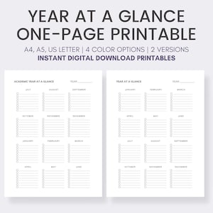 Minimalist Yearly Overview Printable, Year at a Glance One-page ...