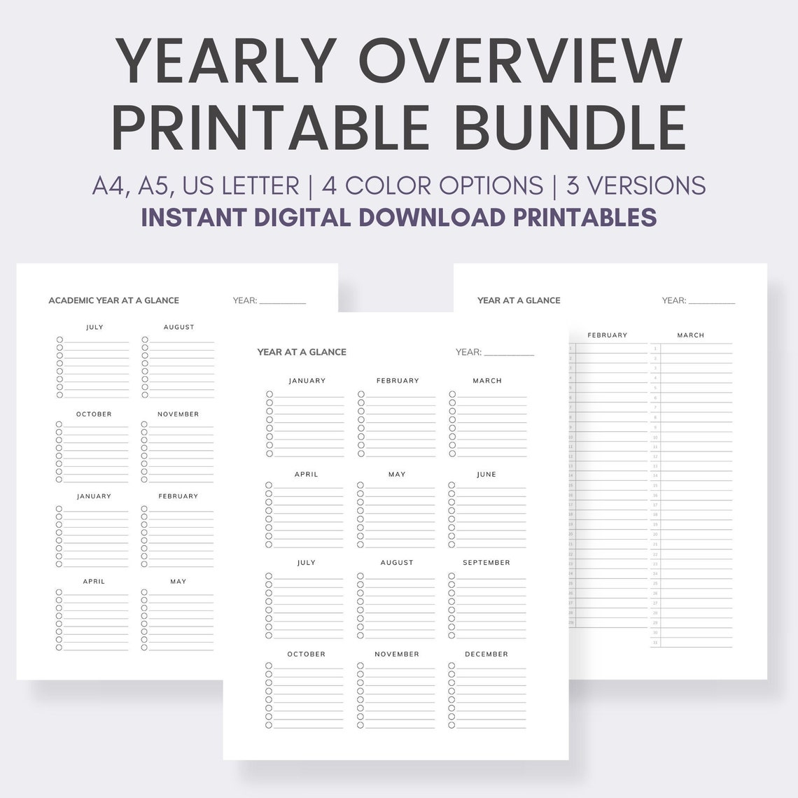 Minimalist Yearly Overview Printable, Year at a Glance Planner ...