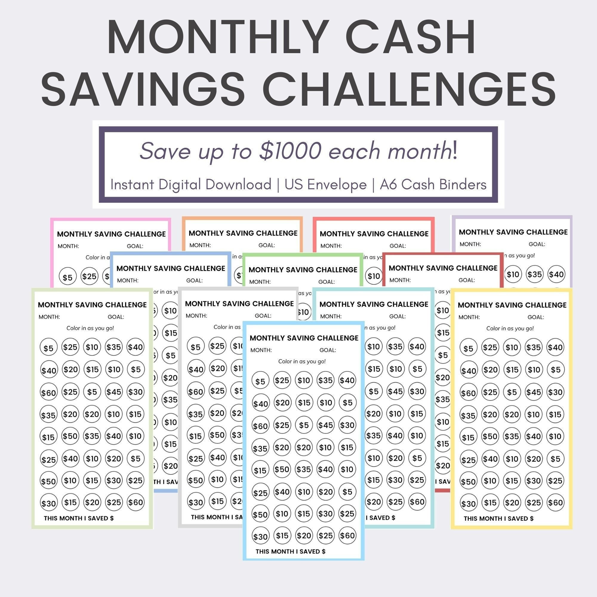 Monthly Cash Envelope Savings Challenges Bundle | 12 Month Cash ...