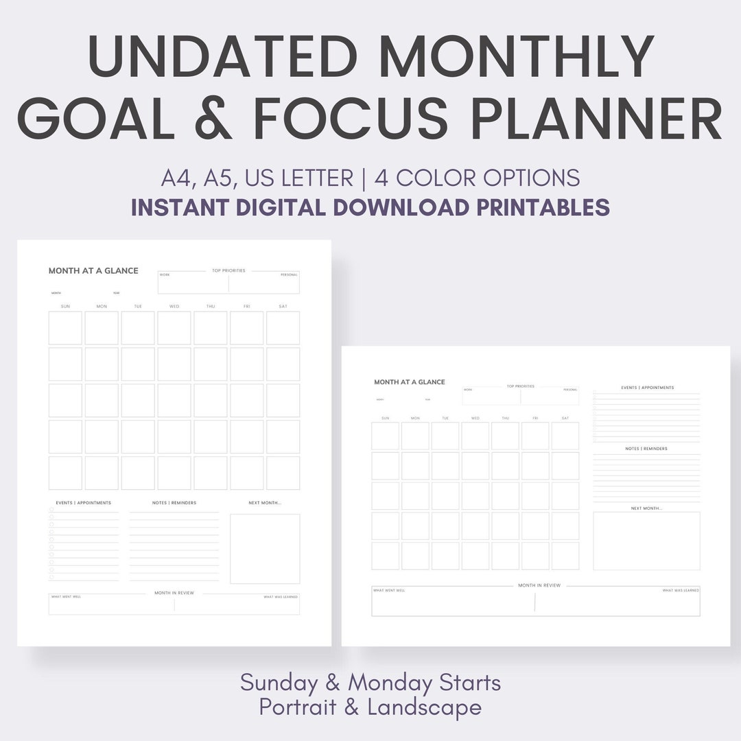 Minimalist Monthly Goal Planner Printable, Undated Month at a Glance ...