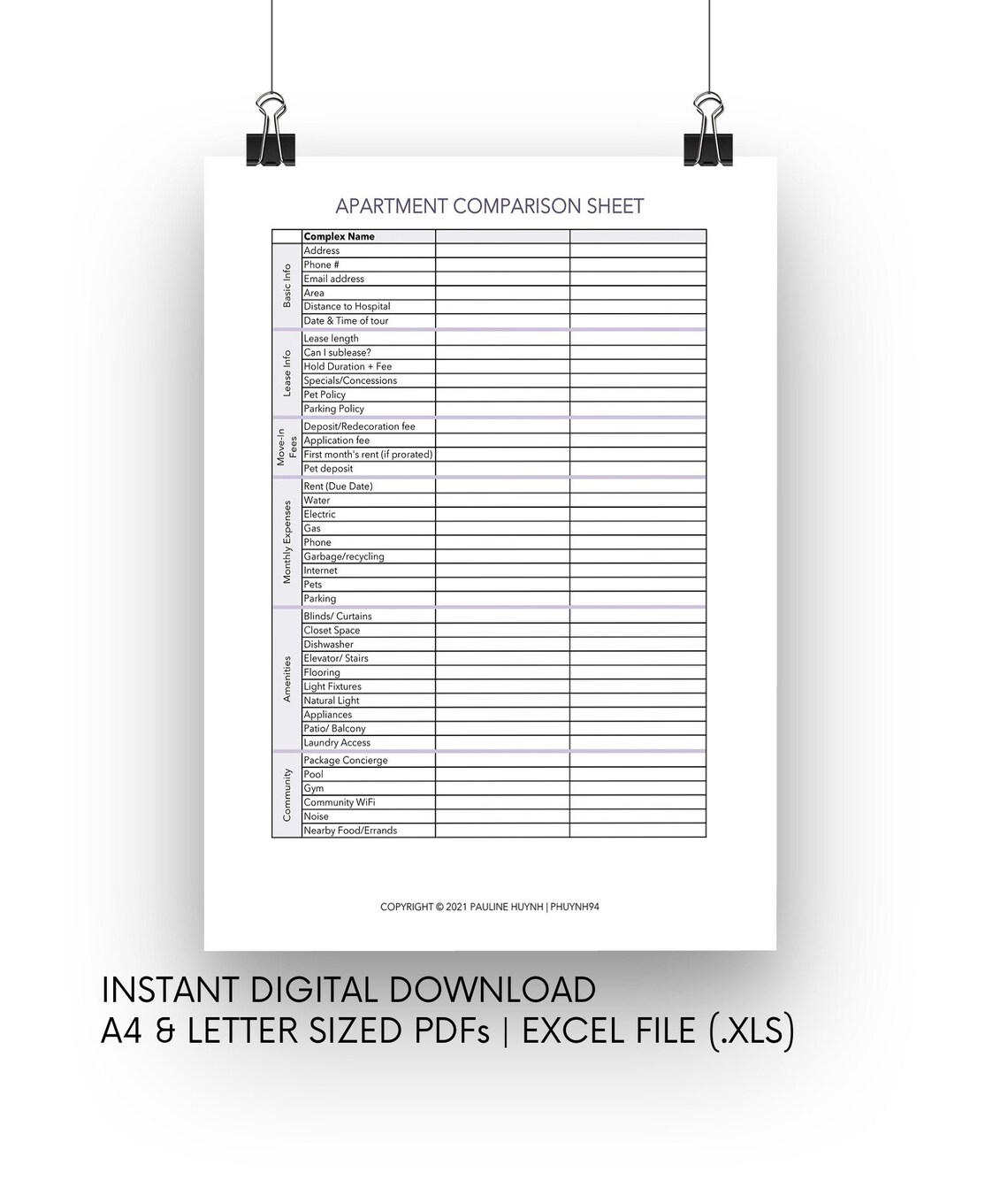 Apartment Comparison Worksheet | Housing Search Planner | Rent ...