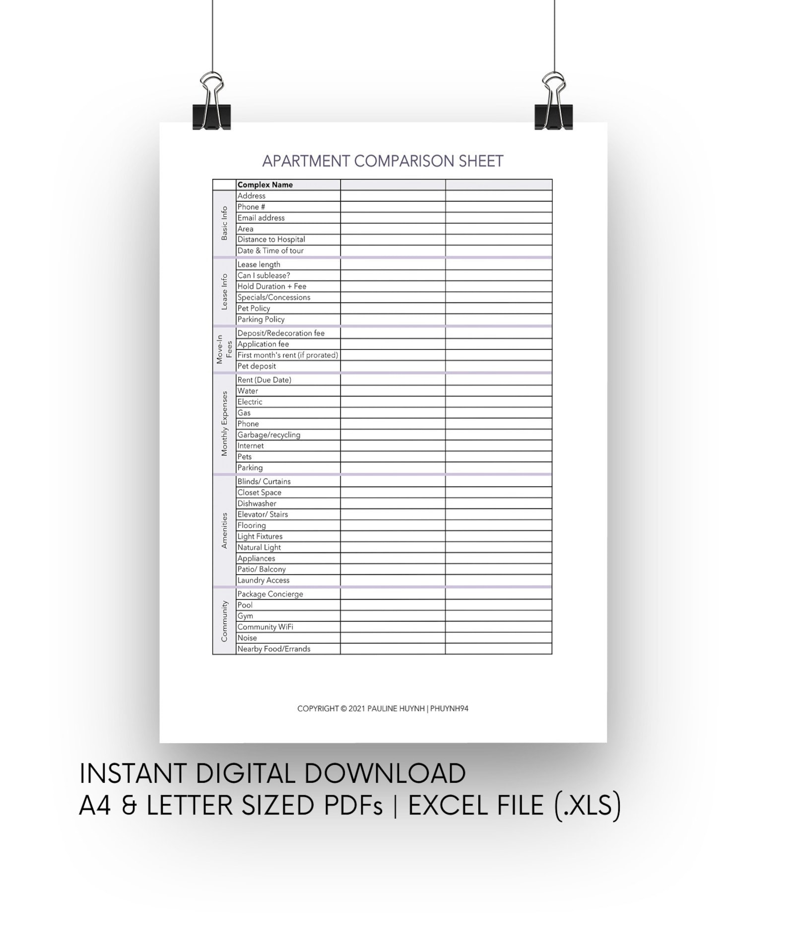Apartment Comparison Worksheet | Housing Search Planner | Rent ...