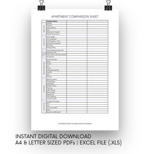 Apartment Comparison Worksheet | Housing Search Planner | Rent ...