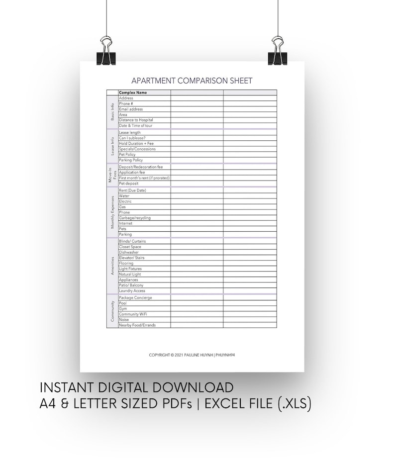 Apartment Comparison Worksheet | Housing Search Planner | Rent ...