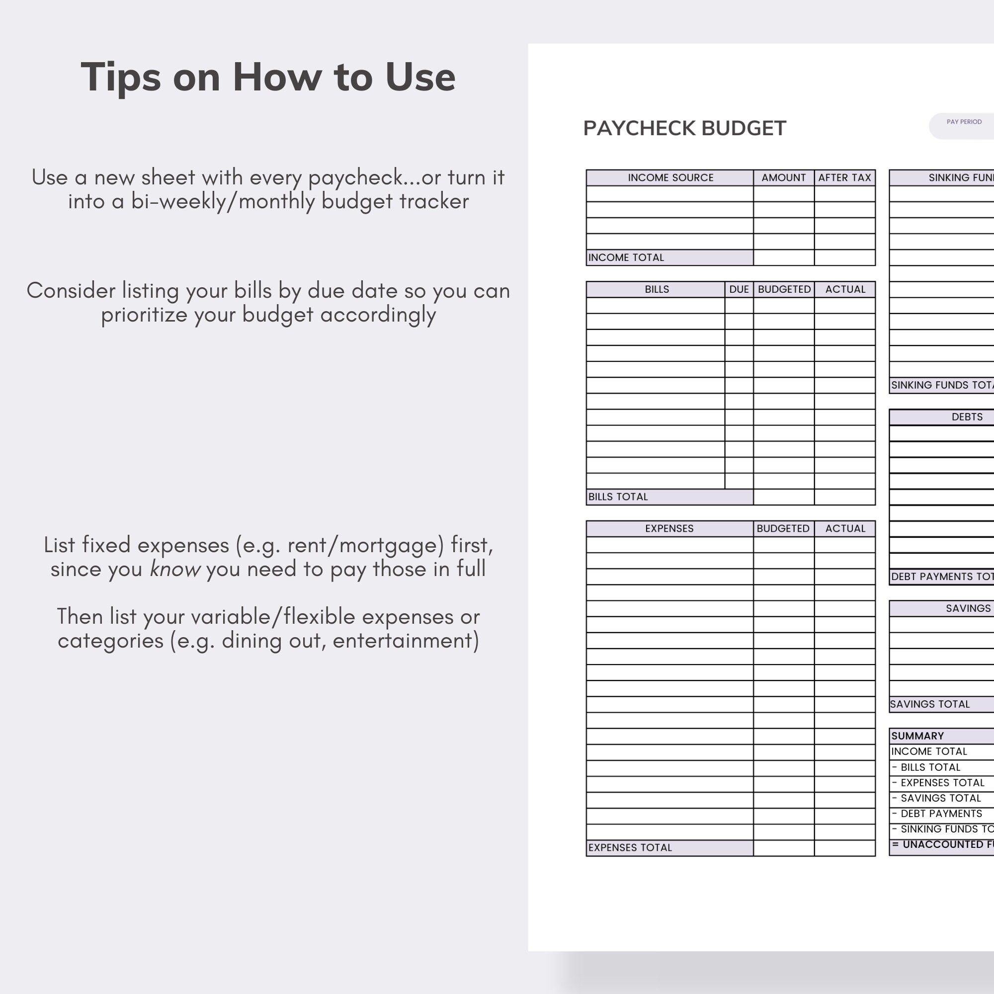 Paycheck Budget Tracker Printable | Personal Finance Planner | Cash ...