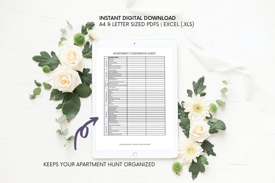 Apartment Comparison Worksheet | Housing Search Planner | Rent ...