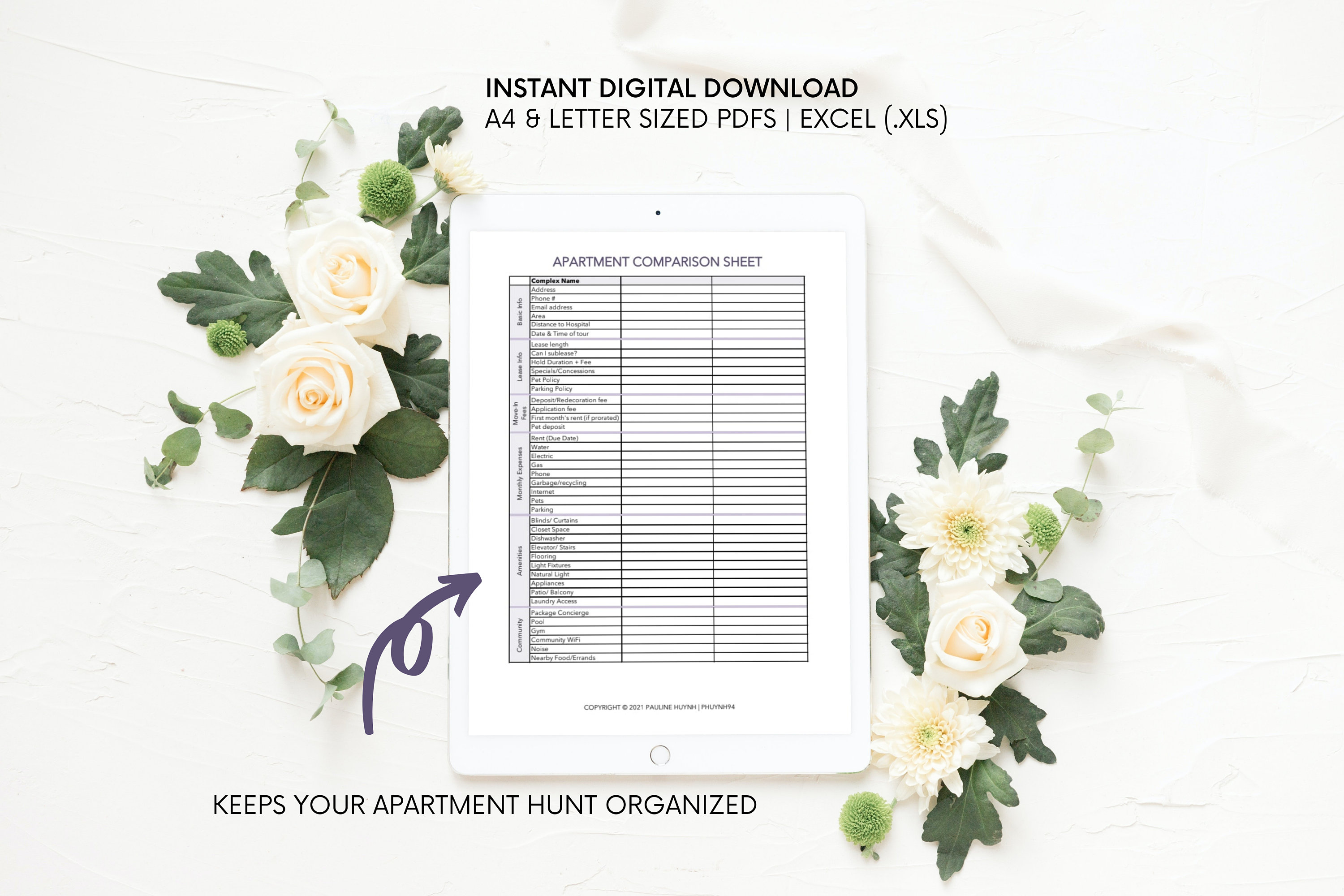 Apartment Comparison Worksheet | Housing Search Planner | Rent ...