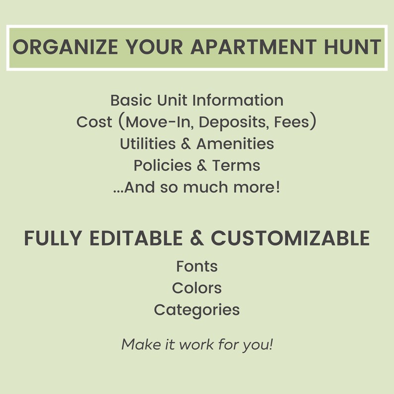 Apartment Comparison Spreadsheet | Housing Search Planner | Apartment ...