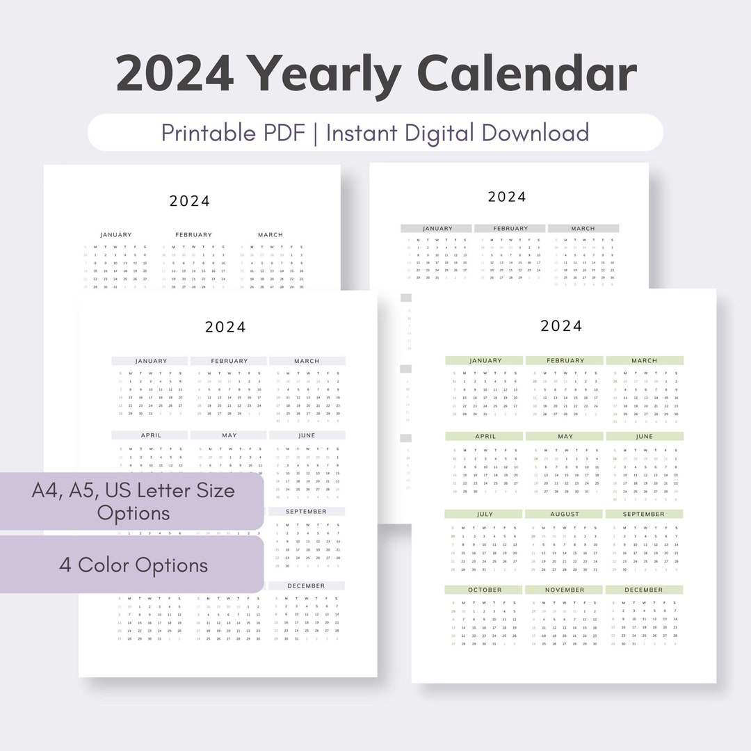 2024 Year Calendar Printable, One-page Calendar, Minimalist Calendar ...